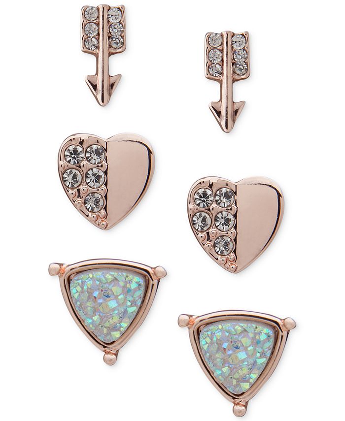 lonna & lilly Rose Gold-Tone 3-Pc. Set Crystal Arrow & Heart Stud ...