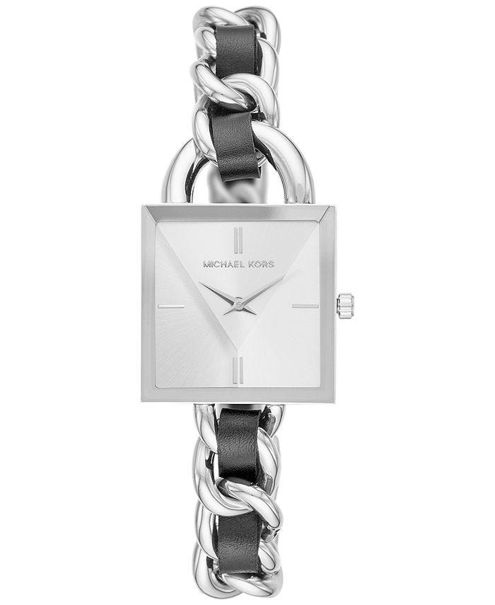 Michael Kors Women's MK Chain Lock Stainless Steel & Black Leather ...