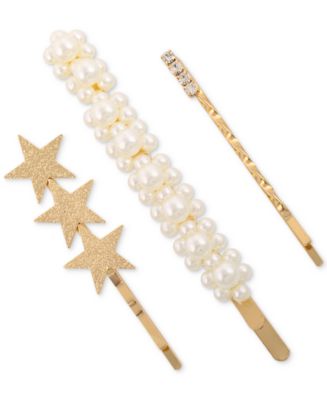 GUESS 3-Pc. Gold-Tone Crystal & Imitation Pearl Hair Pin Set - Macy's