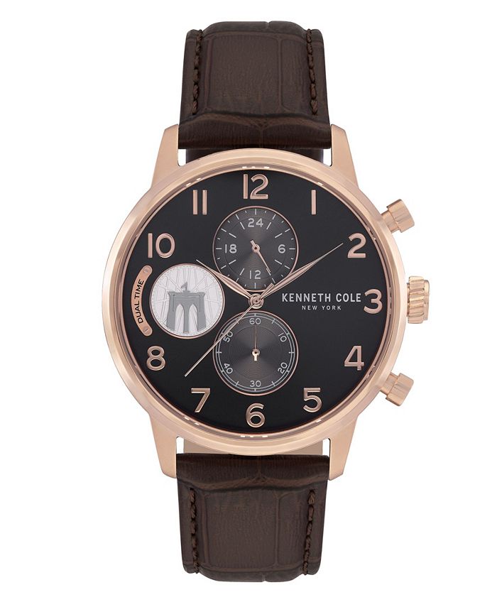 Kenneth Cole New York Men's Brown Genuine Leather Strap Watch, 44mm ...