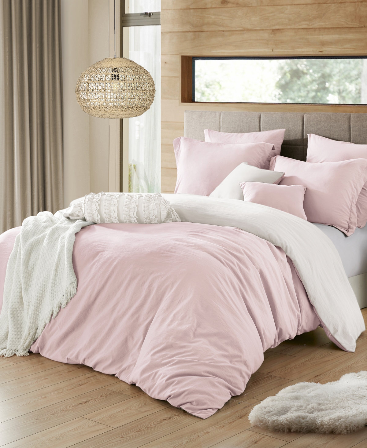 Cathay Home Inc. Ultra Soft Reversible Crinkle Duvet Cover Set  King/California King - Pale Pink/White