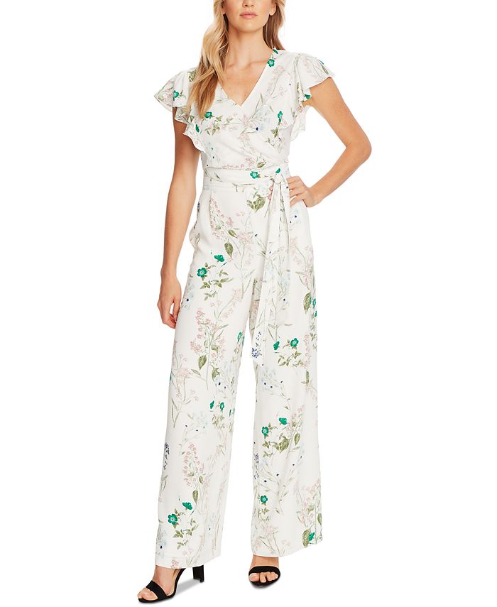CeCe Floral Flutter-Sleeve Tie-Waist Jumpsuit - Macy's