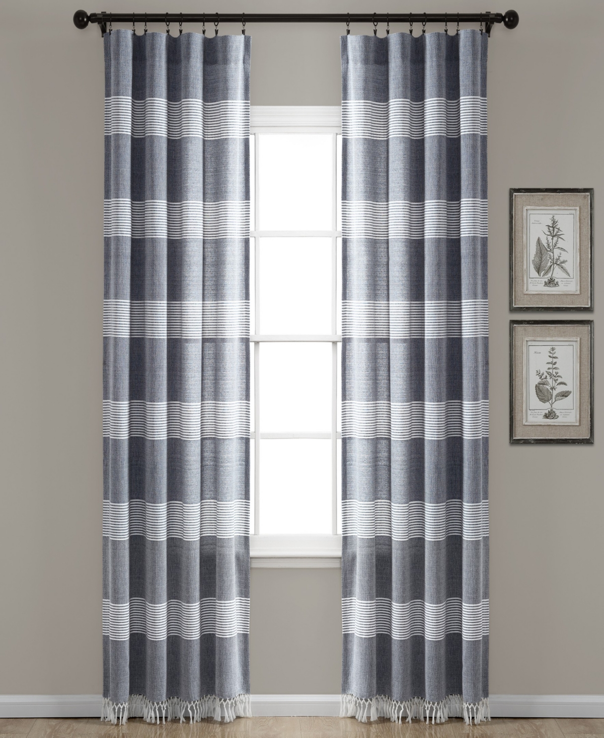 Lush Decor Tucker Stripe Yarn Dyed Cotton Knotted Tassel Window Curtain Panels - Navy