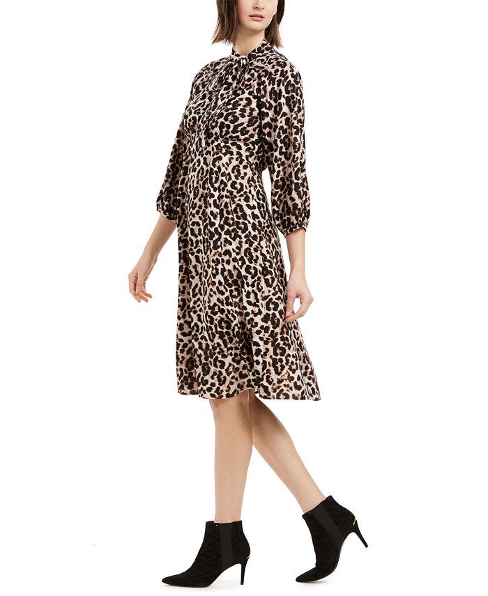 Calvin Klein Animal Print Tie Neck Dress - Macy's