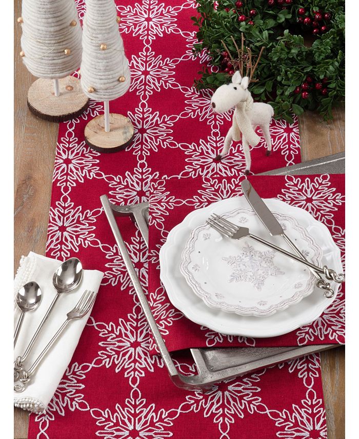 Saro Lifestyle Red Polyester Table Runner with Snowflake Design - Macy's