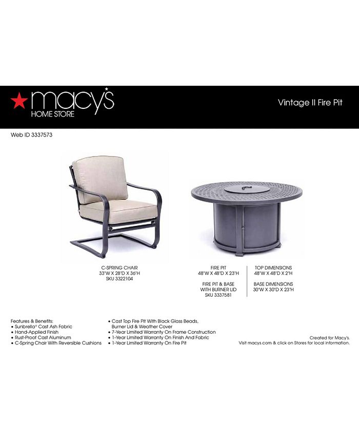 Agio Vintage II 5-Pc. Round Fire Pit Chat Set, with Sunbrella® Cushions ...