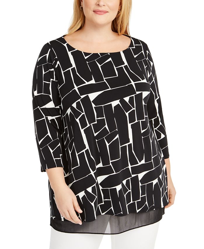 Alfani Plus Size Printed Mesh Underlay Top, Created for Macy's - Macy's
