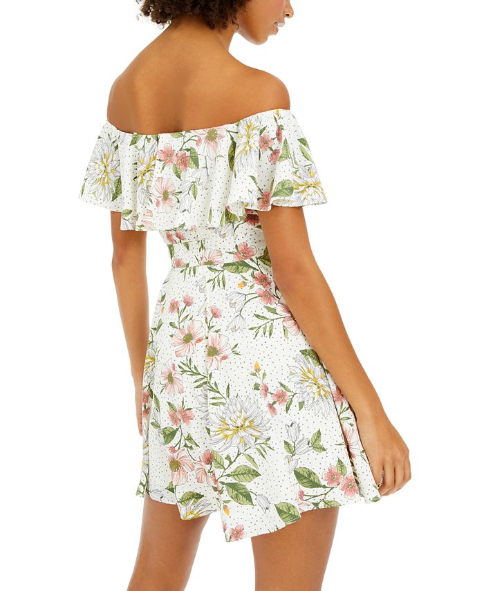 City Studios Juniors' Printed Ruffled Off-The-Shoulder Fit & Flare ...