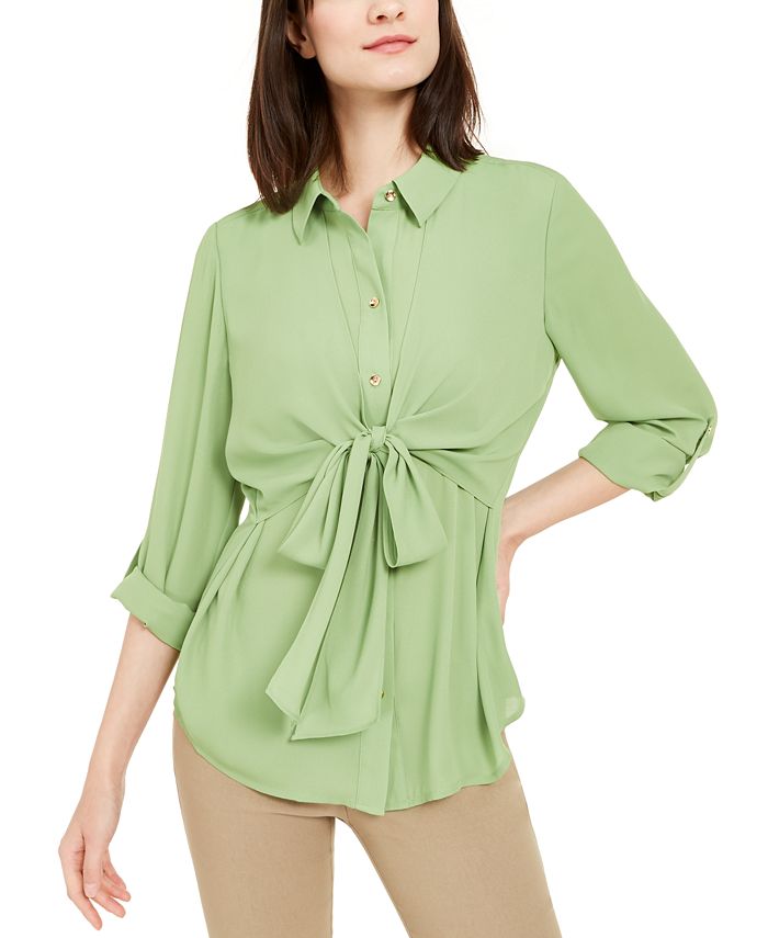 Alfani Tie-Waist Roll-Tab-Sleeve Top, Created for Macy's - Macy's