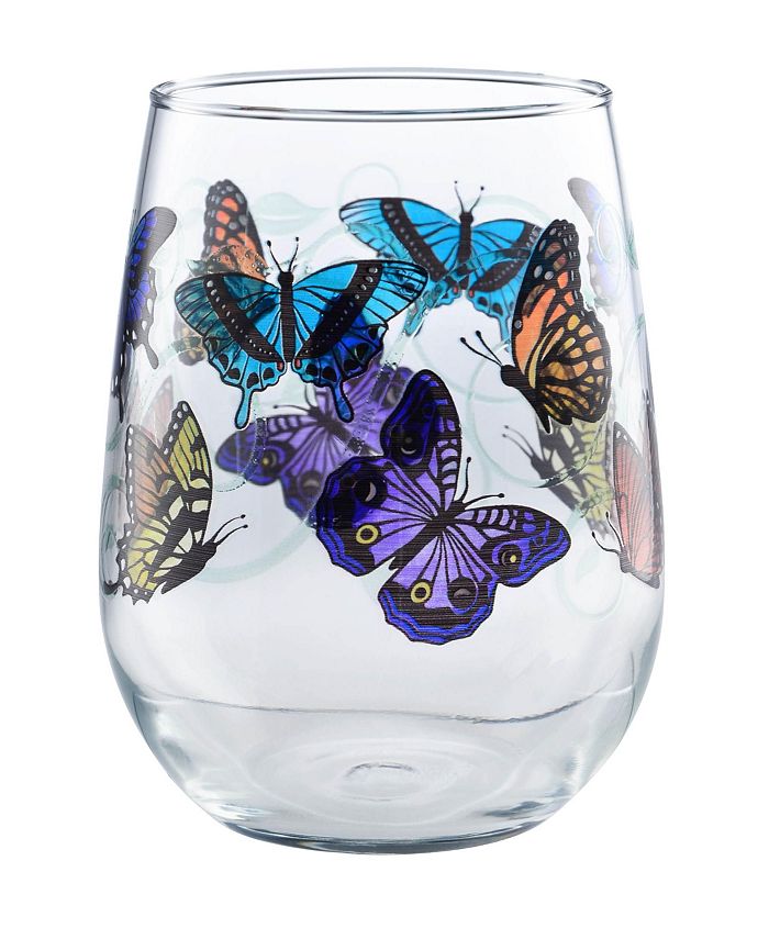 Culver Butterflies Stemless Wine Glass 15-Ounce Set of 4 - Macy's