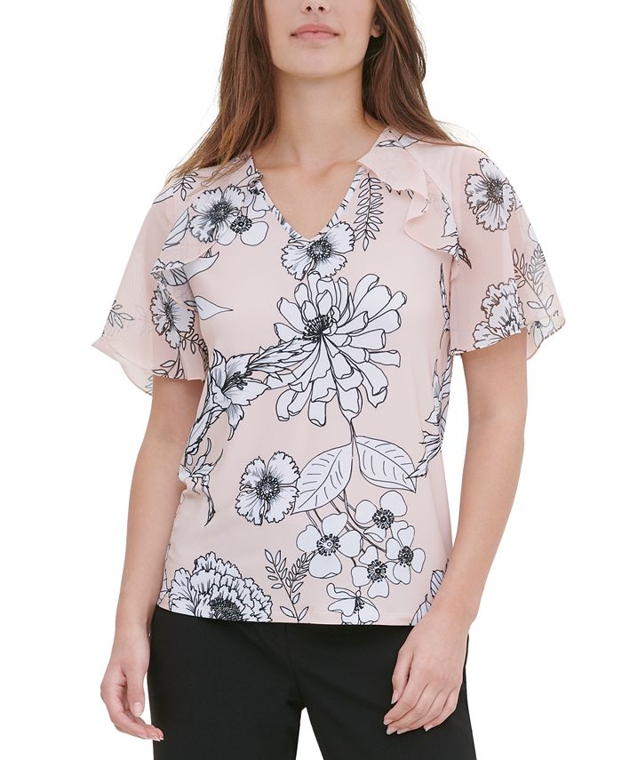 Calvin Klein Printed Ruffle-Trim Top - Macy's