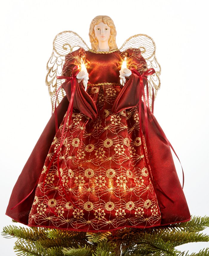 Holiday Lane 10 Light Angel Tree Topper with Burgundy and Gold Gress ...