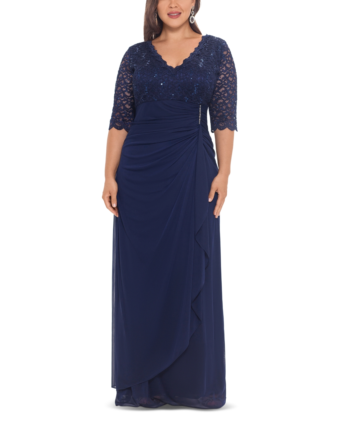 Click here for B&A by Betsy & Adam Plus Size V-Neck Gown - Navy prices