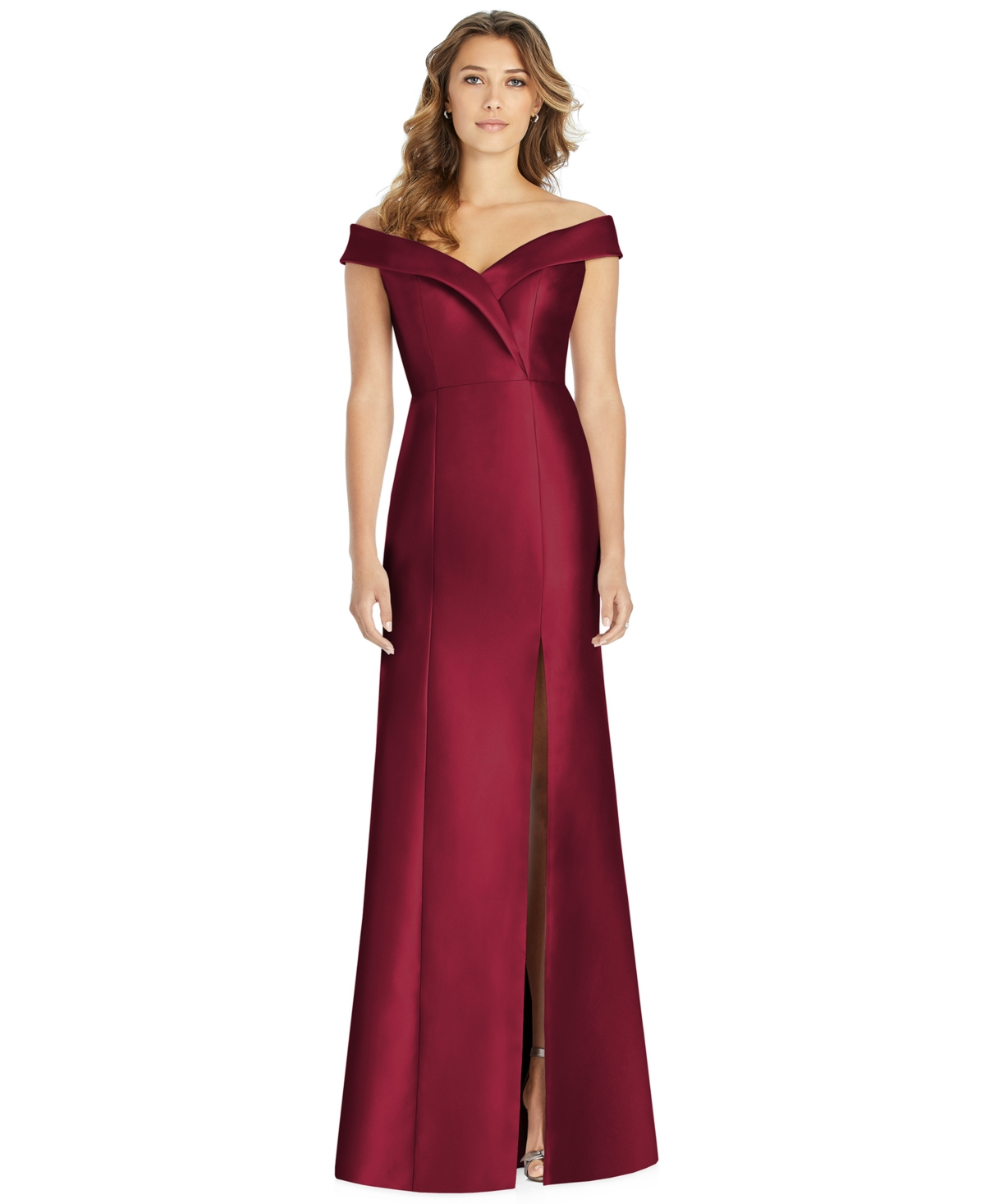 Click here for Alfred Sung Off-The-Shoulder Satin Gown - Burgundy prices