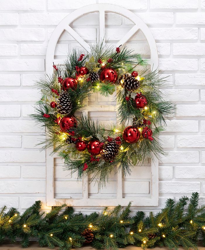 Glitzhome Wooden Window Frame with LED Christmas Wreath - Macy's