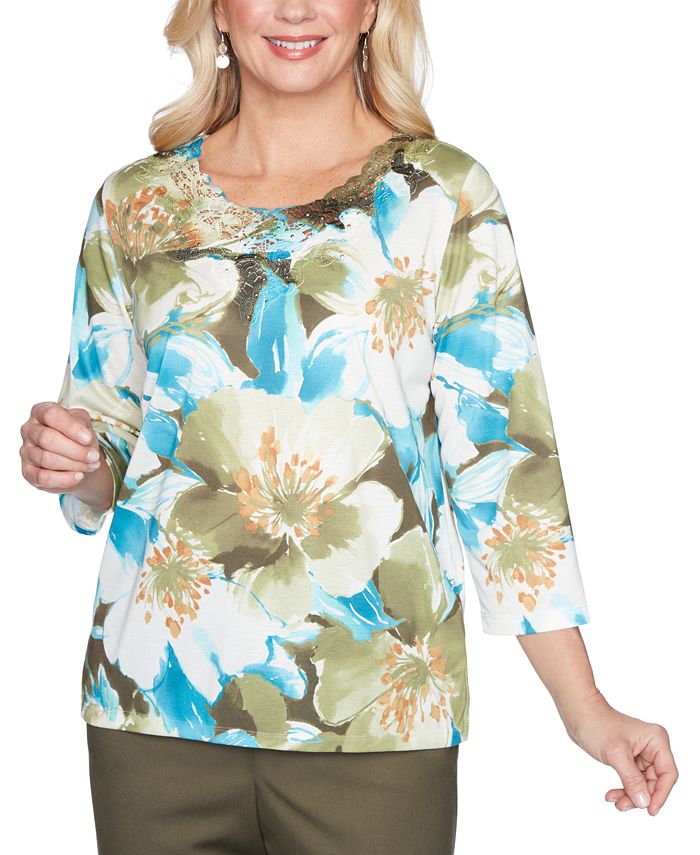 Alfred Dunner Petite Floral-Print Embellished Knit Top - Macy's