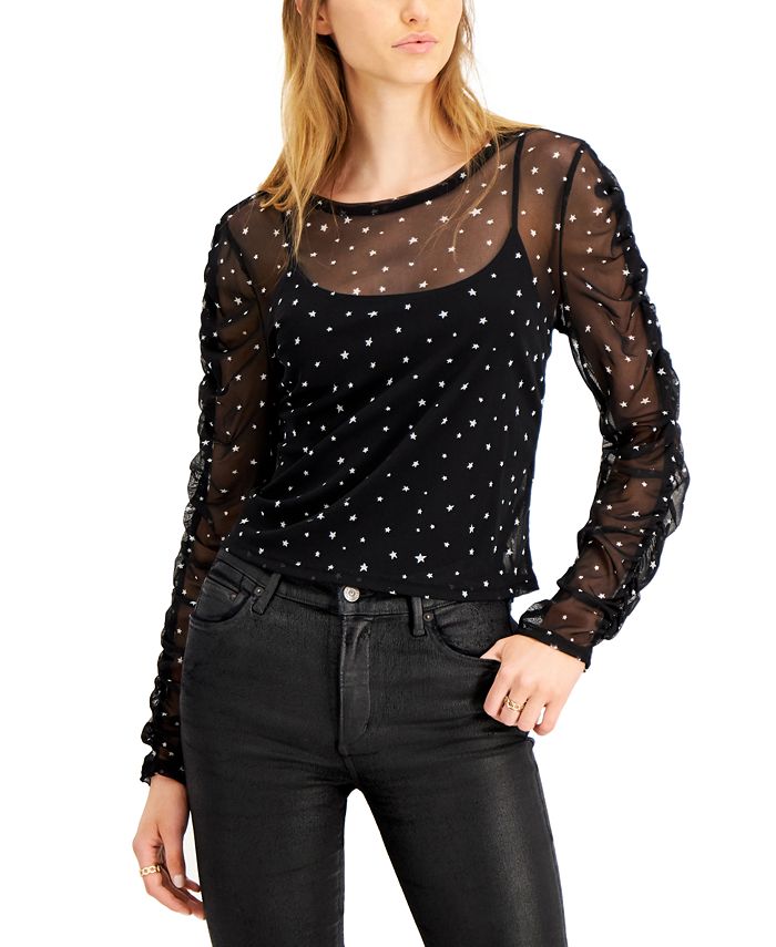 Bar III Ruched Long-Sleeved Mesh Printed Top, Created for Macy's - Macy's