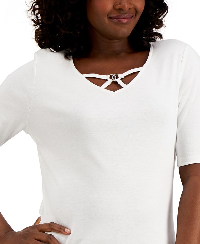 Karen Scott Cotton V-Neck Hardware Top, Created for Macy's - Macy's