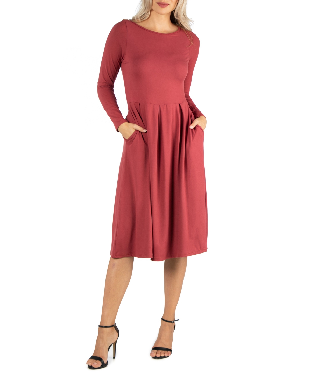 Click here for Womens Midi Length Fit and Flare Dress - Brick prices