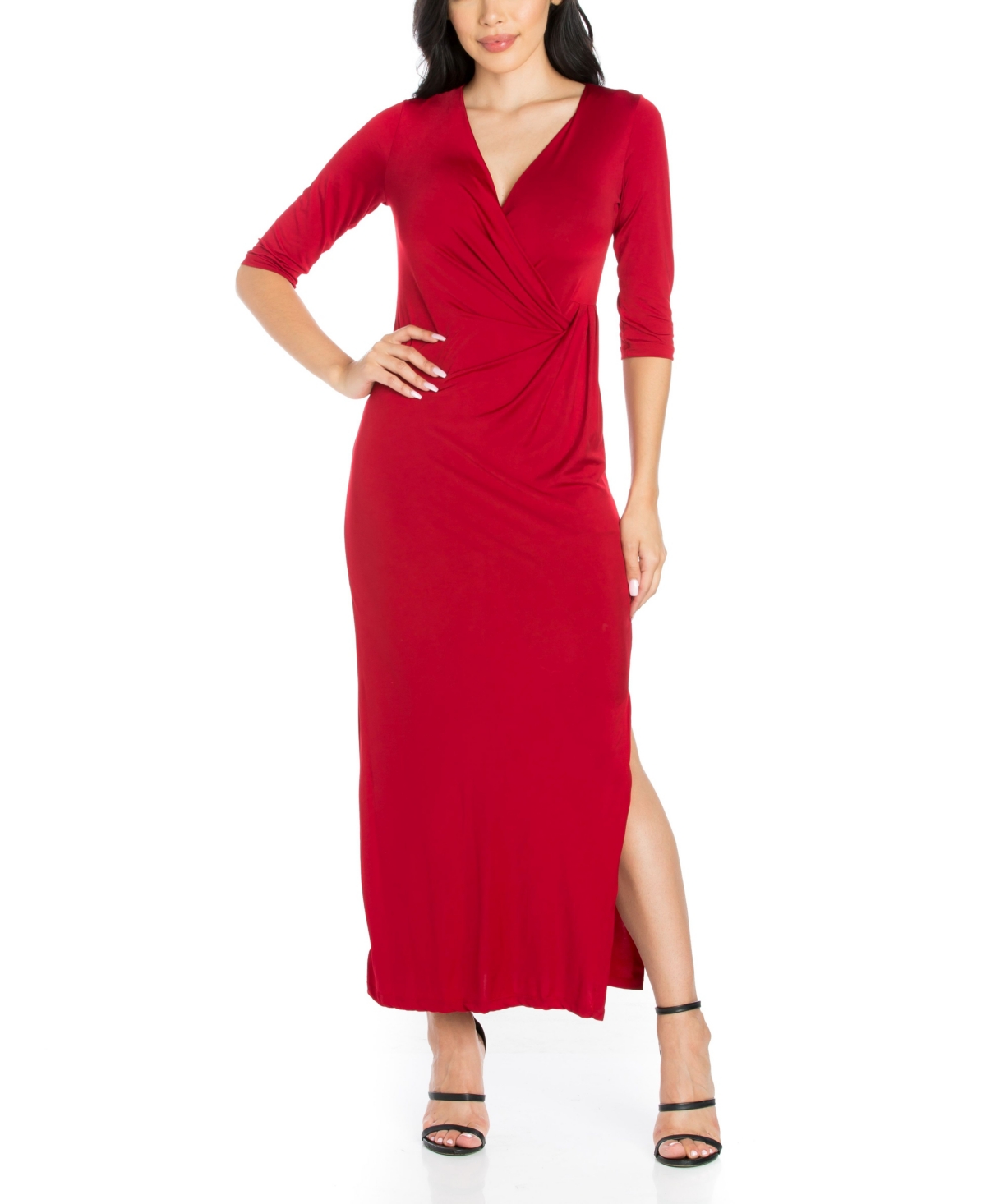 Click here for Womens Fitted V-Neck Side Slit Maxi Dress - Burgun... prices