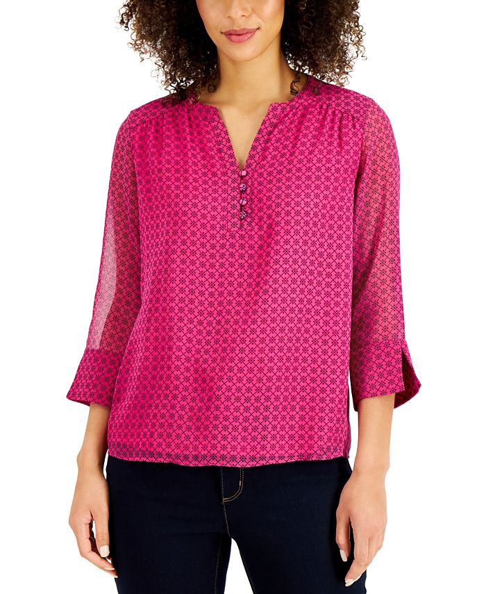 Charter Club Petite Printed Split-Neck Blouse, Created for Macy's - Macy's Charter Club Petite Printed Split-Neck Blouse, Created for Macy's - Macy's