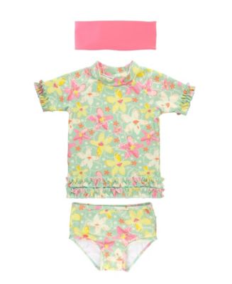 RuffleButts Baby Girls Ruffled Rash Guard 2-Piece Swim Headband Set ...