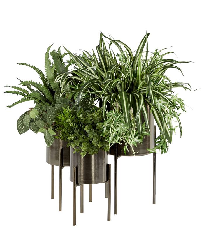 Rosemary Lane Contemporary Style Large Round Metal Planters in Stands ...