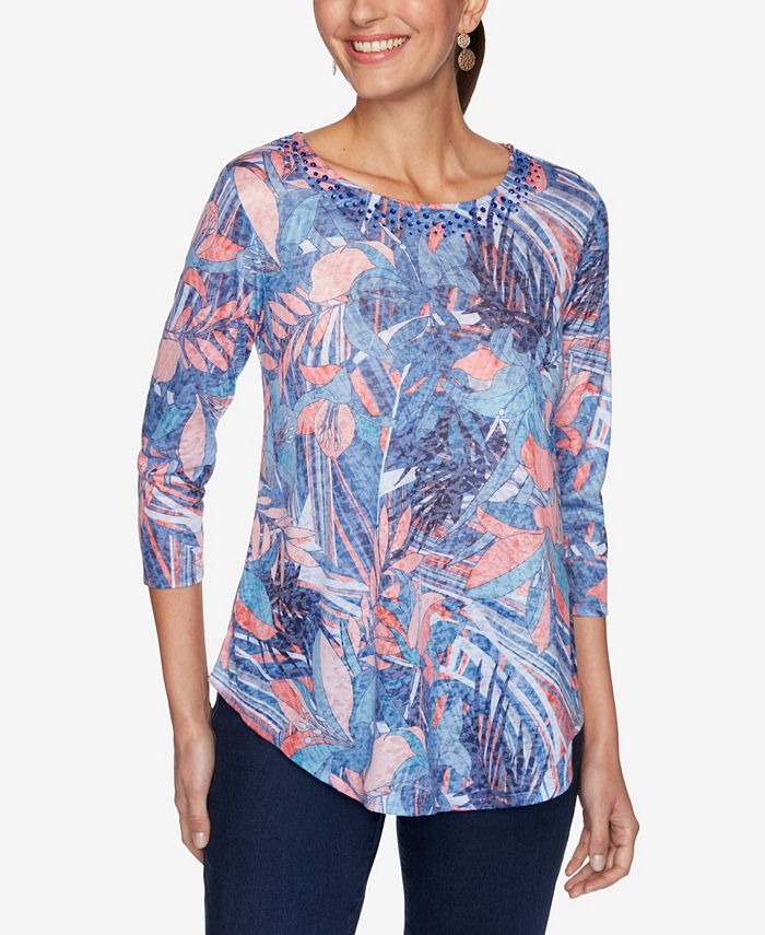 Ruby Rd. Petite Knit Embellished Floral Top - Macy's