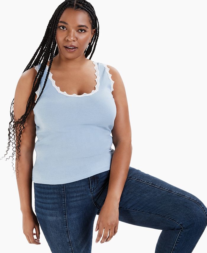 Rebellious One Trendy Plus Size Lace-Trim Cotton Tank Top - Macy's