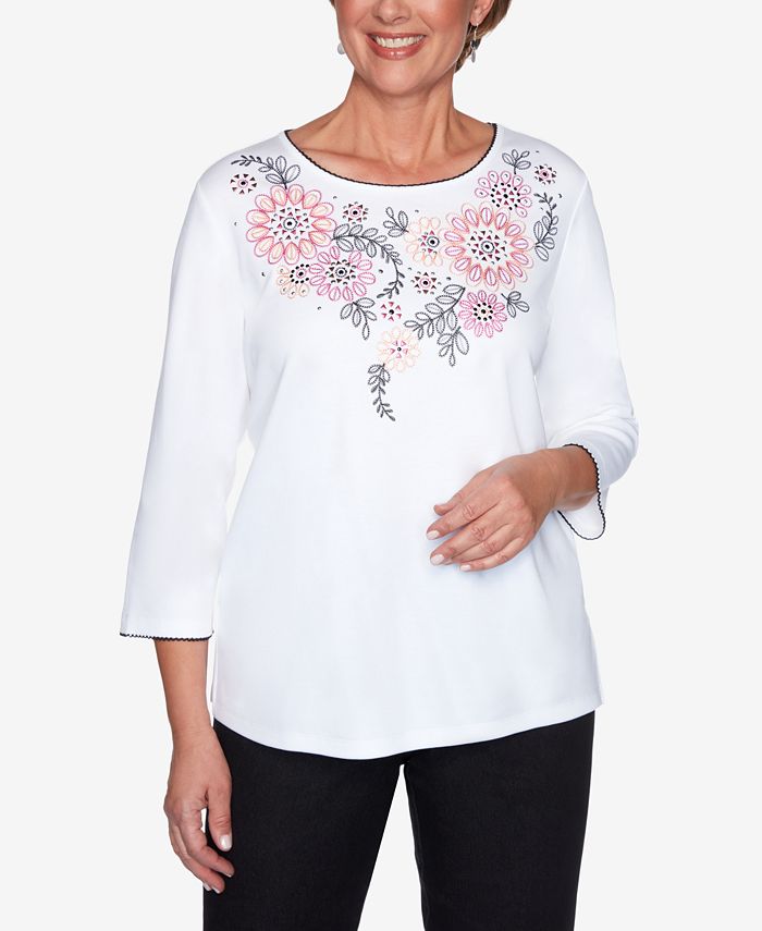 Alfred Dunner Women's Missy Clean Getaway Floral Embroidered Yoke Top ...