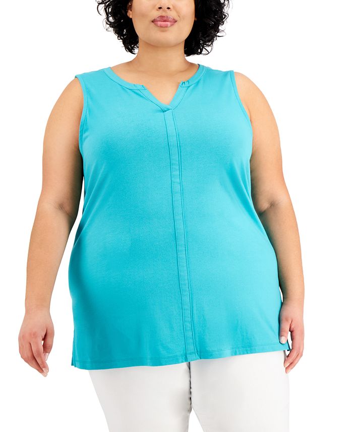Karen Scott Plus Size Cotton Split-Neck Tunic, Created for Macy's - Macy's