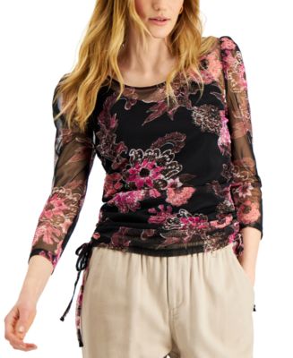 INC International Concepts Sheer Floral-Print Drawstring Top, Created ...