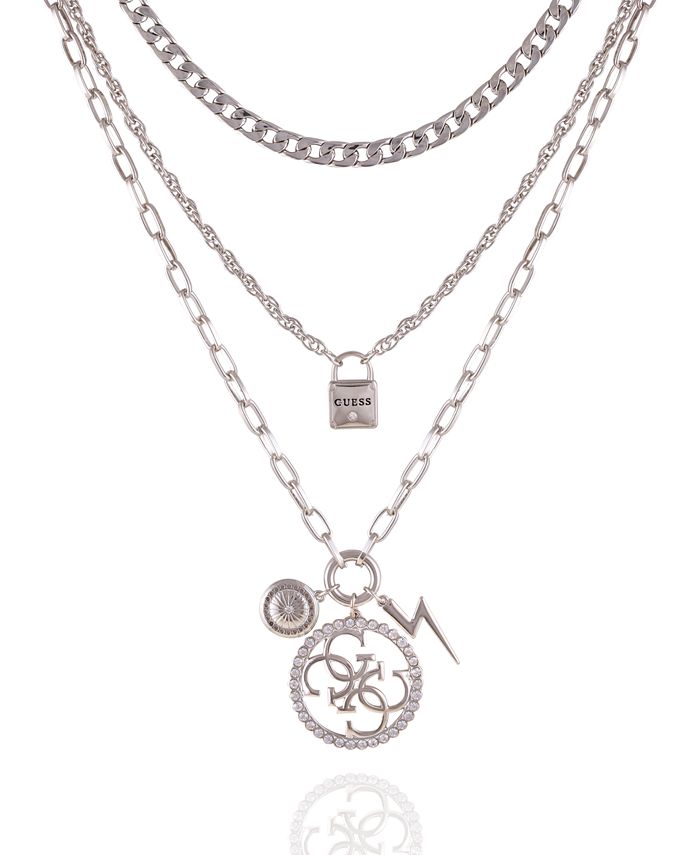 GUESS Silver-tone And Crystal Multi Layered Necklace With Logo Lock And ...