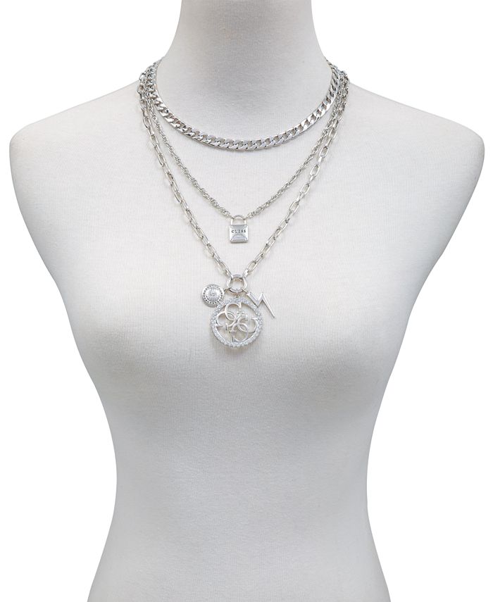 GUESS Silver-tone And Crystal Multi Layered Necklace With Logo Lock And ...