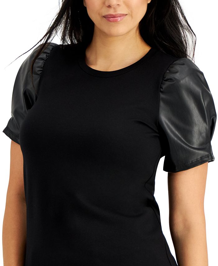 Nine West Faux-Leather Puff-Sleeve Top - Macy's