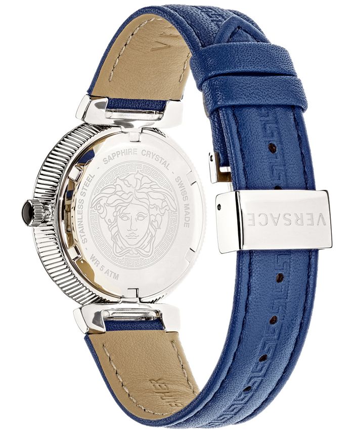 Versace Women's Swiss Greca Icon Blue Leather Strap Watch 36mm - Macy's