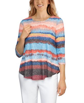 Ruby Rd. Women's Misses Embellished Watercolor Striped Burnout Top - Macy's