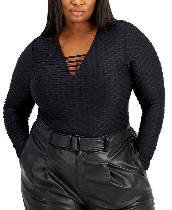 FULL CIRCLE TRENDS Trendy Plus Size Deep V-Neck Lattice Bodysuit - Macy's