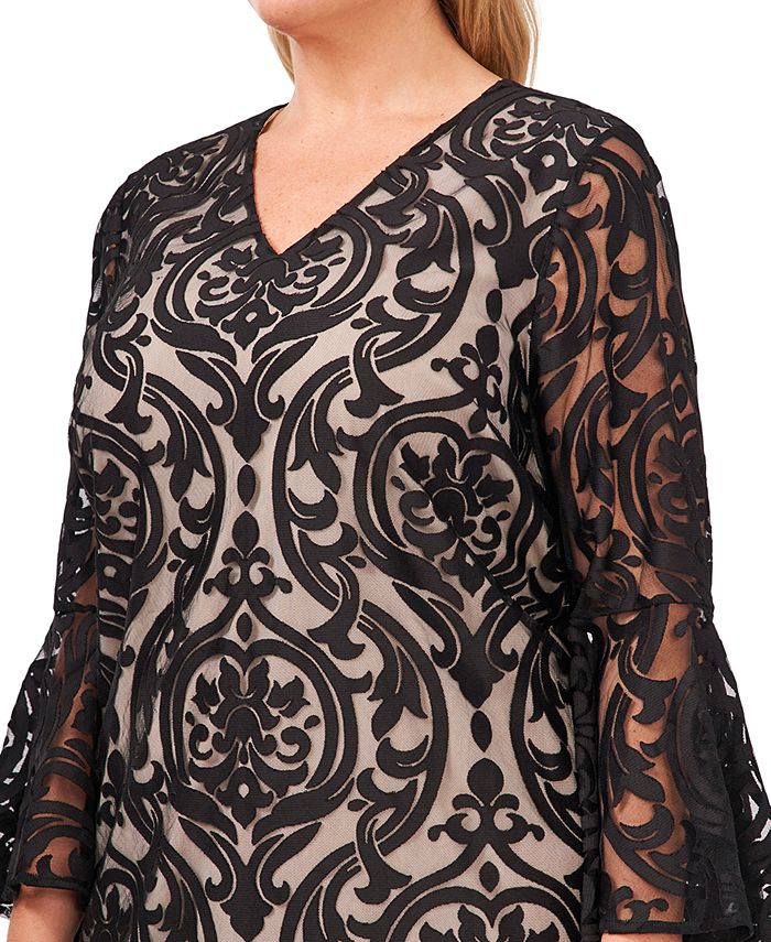 MSK Plus Size Mesh-Overlay Bell-Sleeve Dress - Macy's