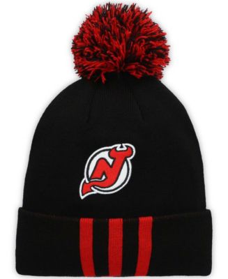 Men's Black New Jersey Devils Three Stripe Cuffed Knit Hat with Pom ...
