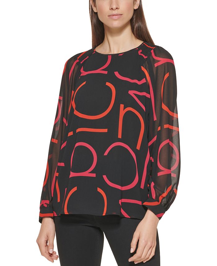 Calvin Klein Printed Chiffon Sleeve Top - Macy's