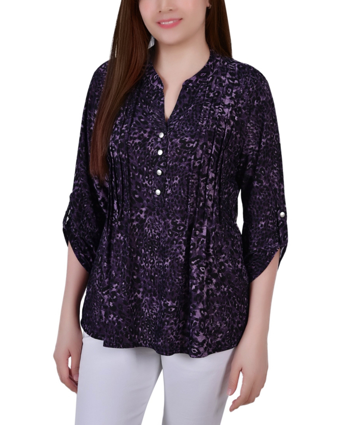 Click here for Womens 3/4 Roll Tab Sleeve Y-neck Top - Animal prices