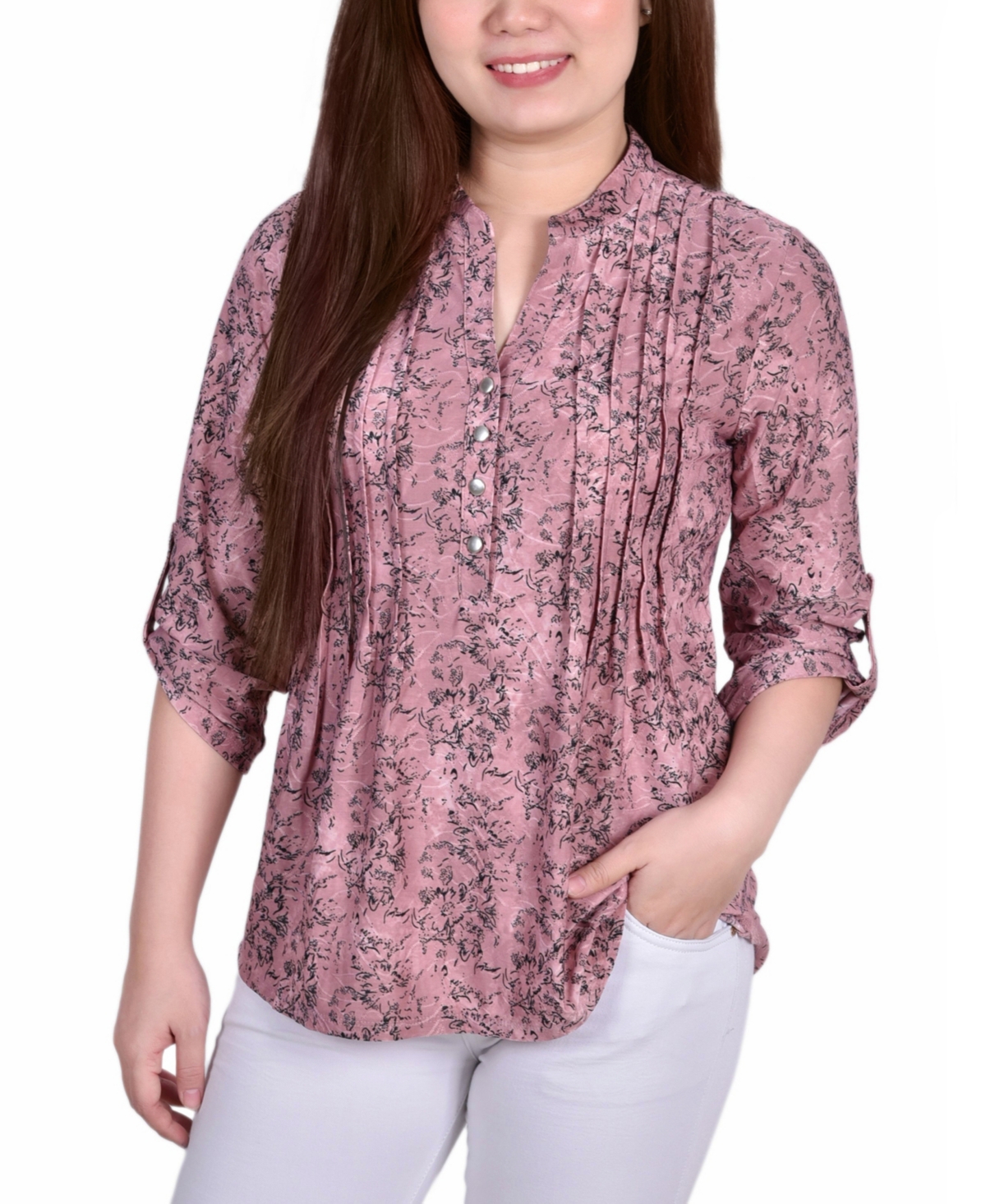 Click here for Womens 3/4 Roll Tab Sleeve Y-neck Top - Mauve Flor... prices