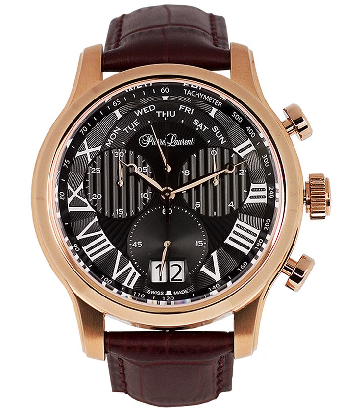 Pierre Laurent Men's Swiss Chronograph Brown Leather Strap Watch 46mm ...