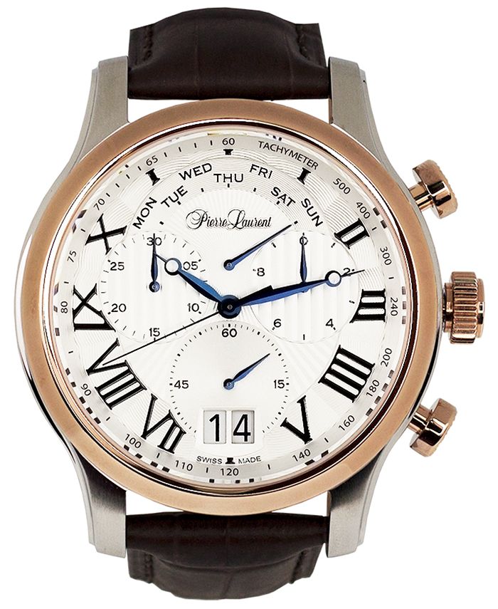 Pierre Laurent Men's Swiss Chronograph Black Leather Strap Watch 46mm ...
