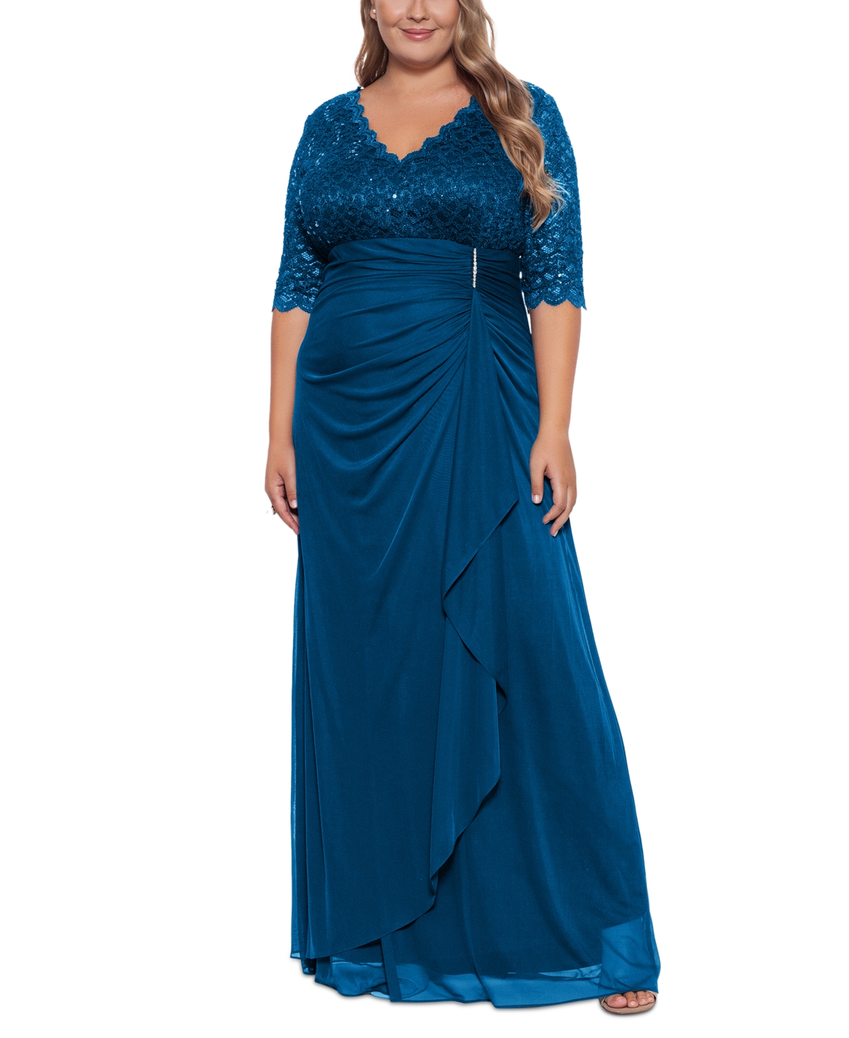 Click here for B&A by Betsy & Adam Plus Size V-Neck Gown - Peacoc... prices