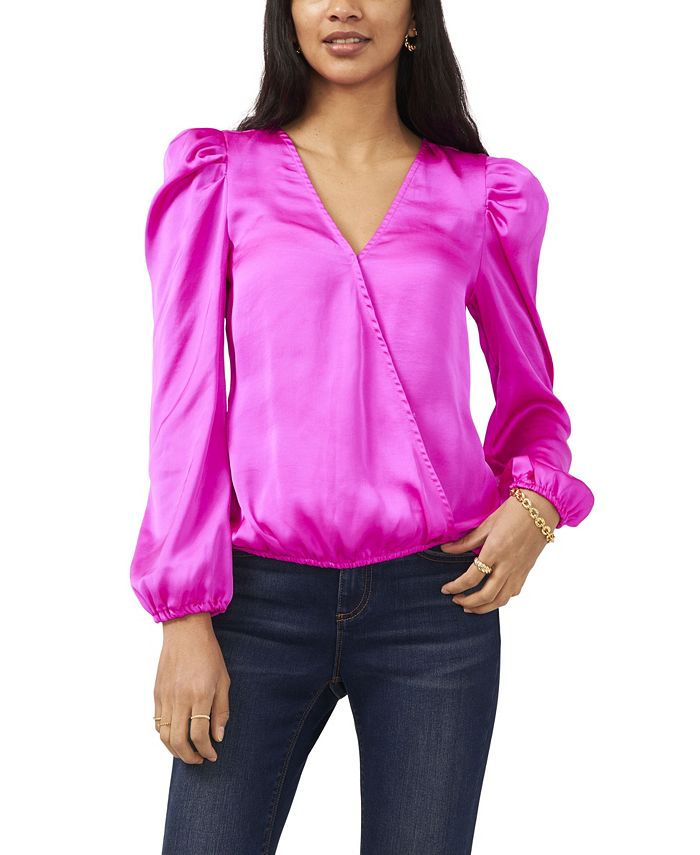 Sam & Jess Women's Surplice Long Sleeve Puff Shoulder Top - Macy's