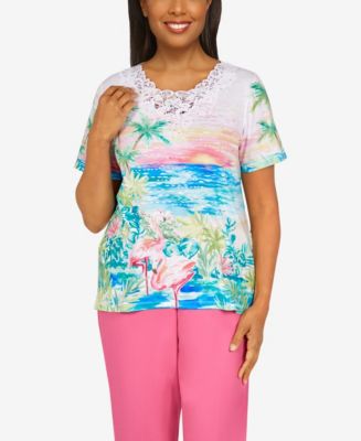 Alfred Dunner Missy Siesta Key Women's Tropical Flamingo Lace Neck Top ...