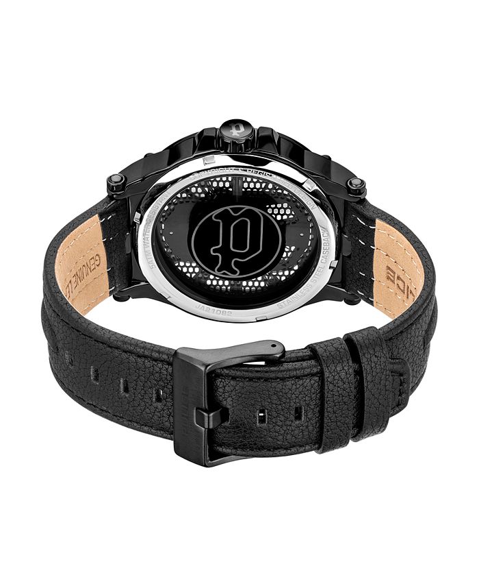 Police Men's Signature Skull Black Leather Strap Watch 47mm - Macy's