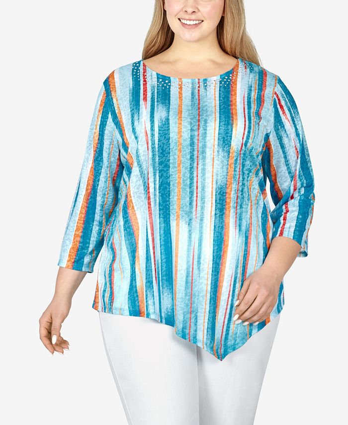 Ruby Rd. Plus Size Embellished Watercolor Striped Burnout Top - Macy's
